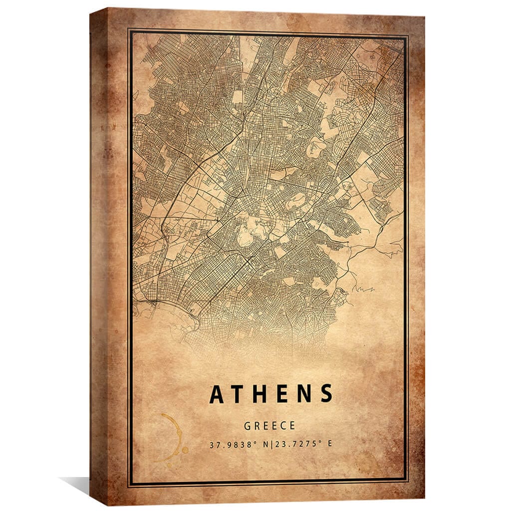 Athens Vintage Map Canvas – ClockCanvas